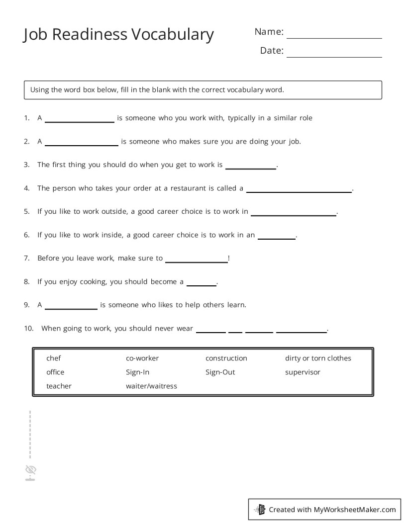 Job Readiness Vocabulary - My Worksheet Maker: Create Your Own Worksheets