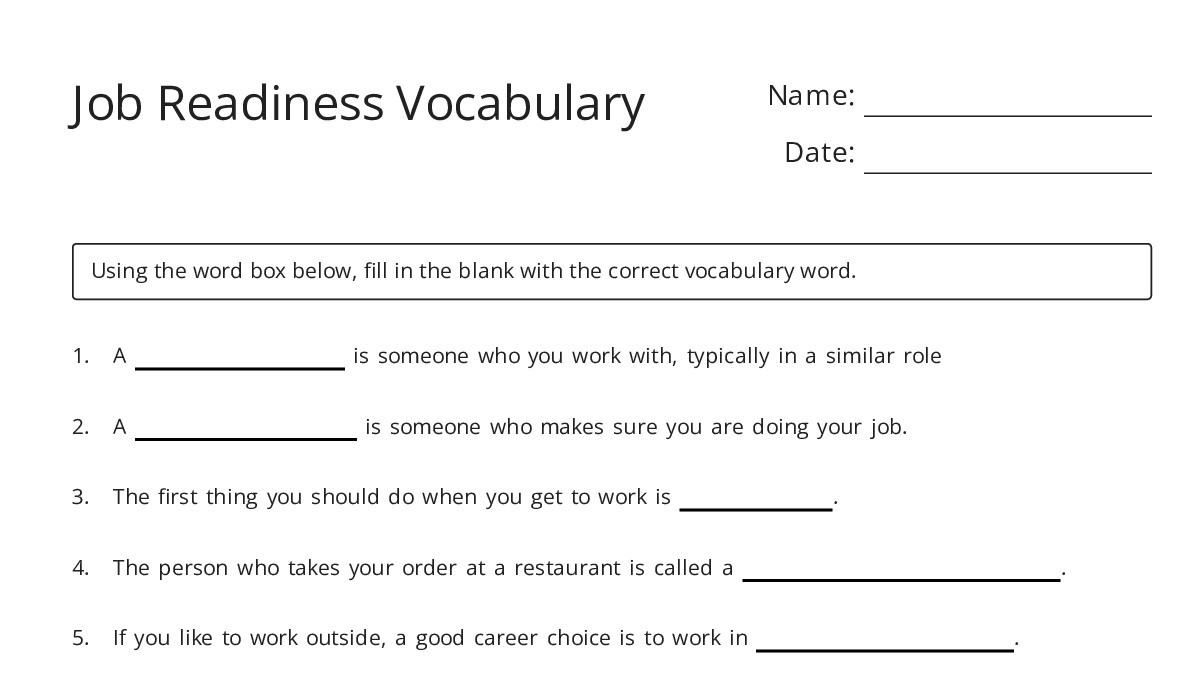 Job Readiness Vocabulary - My Worksheet Maker: Create Your Own Worksheets