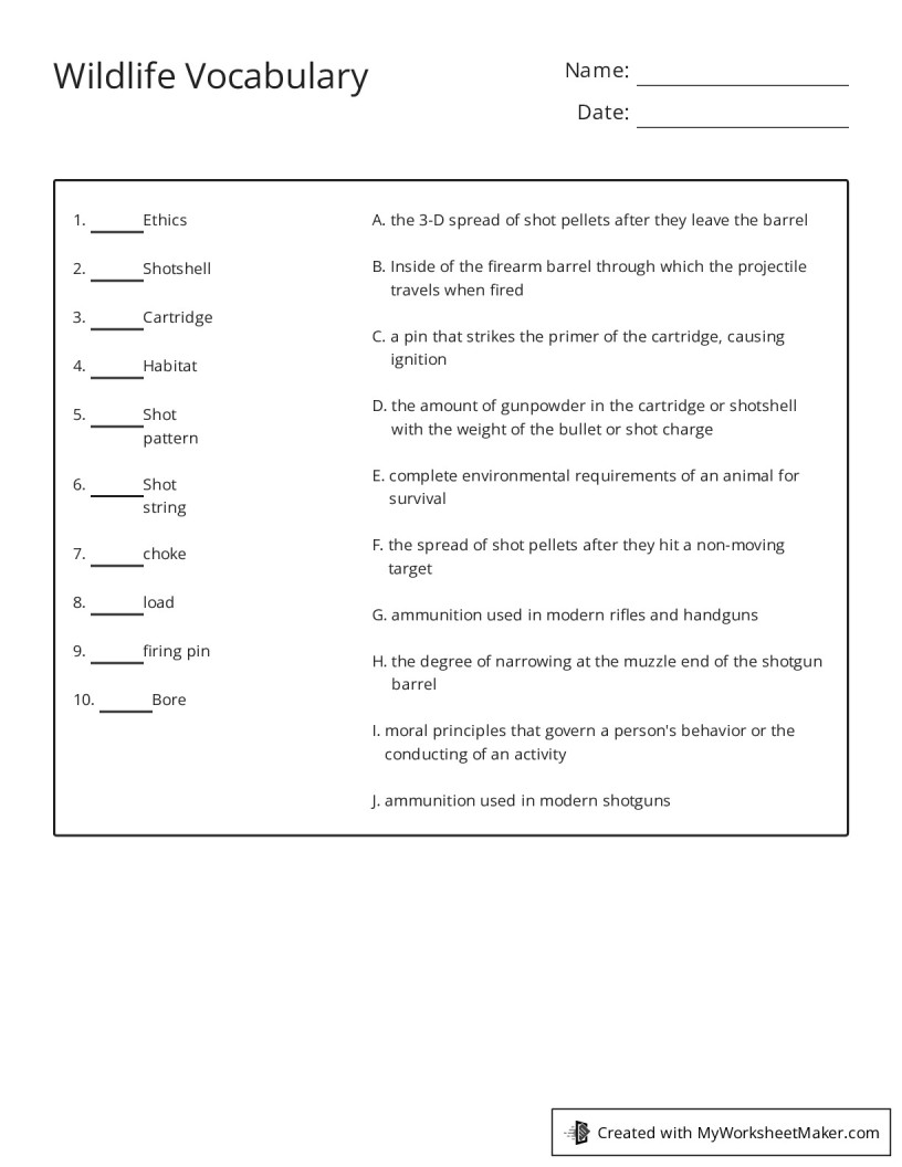 Wildlife Vocabulary - My Worksheet Maker: Create Your Own Worksheets