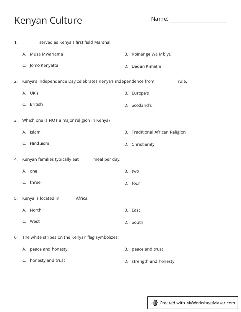 Kenyan Culture - My Worksheet Maker: Create Your Own Worksheets