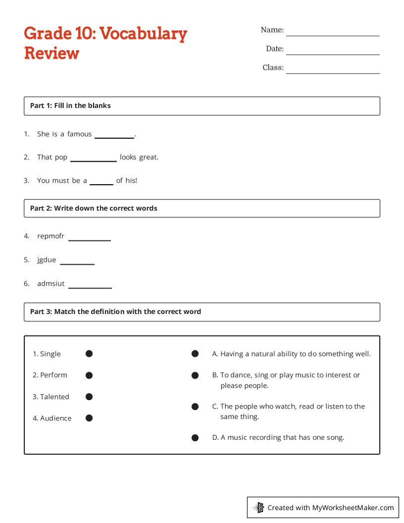 Grade 10: Vocabulary Review - My Worksheet Maker: Create Your Own ...