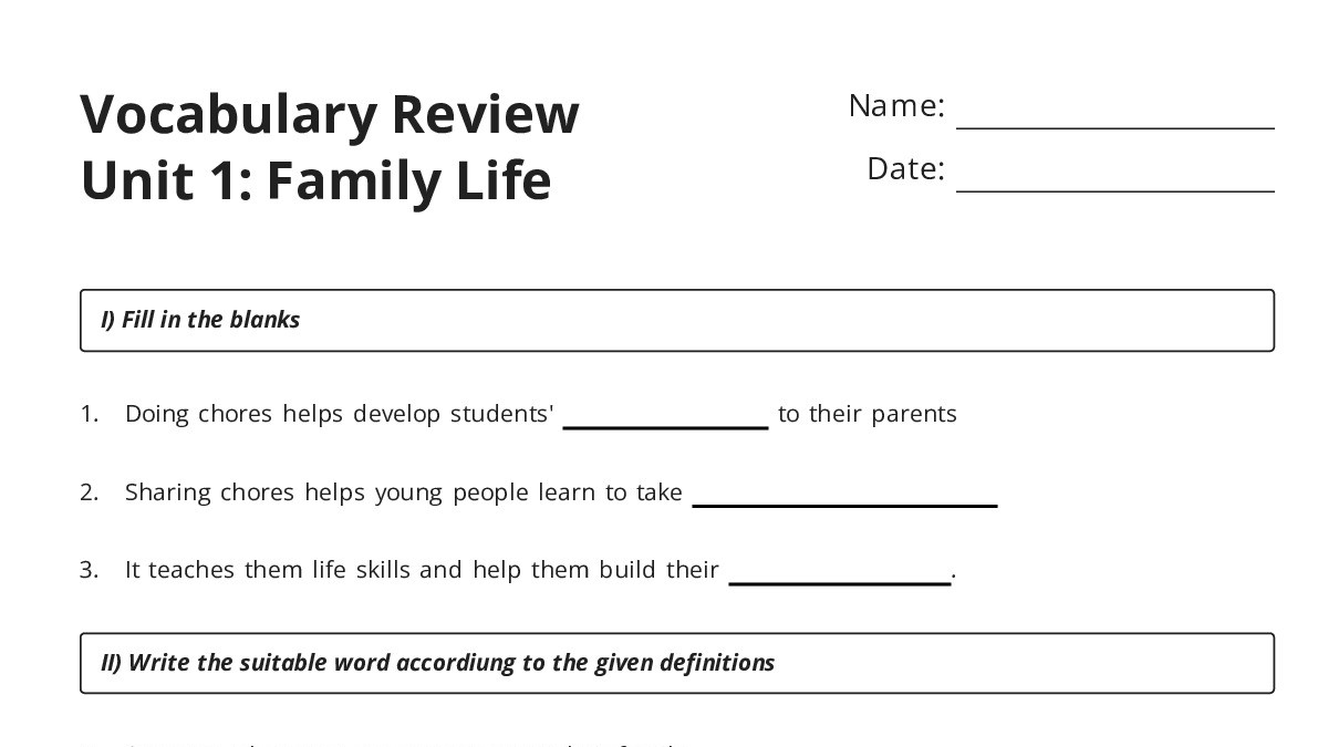 Vocabulary Review Unit 1: Family Life - My Worksheet Maker: Create Your ...