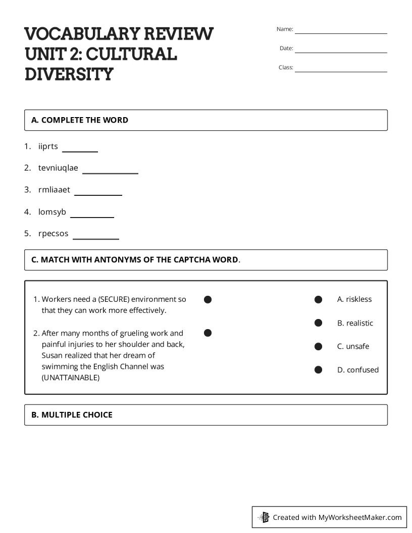 VOCABULARY REVIEW UNIT 2: CULTURAL DIVERSITY - My Worksheet Maker ...