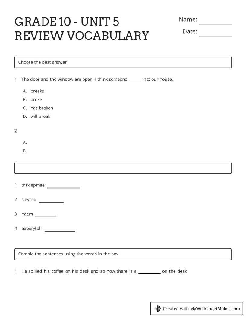 GRADE 10 - UNIT 5 REVIEW VOCABULARY - My Worksheet Maker: Create Your Own Worksheets