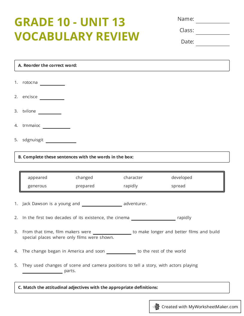 GRADE 10 - UNIT 13 VOCABULARY REVIEW - My Worksheet Maker: Create Your ...