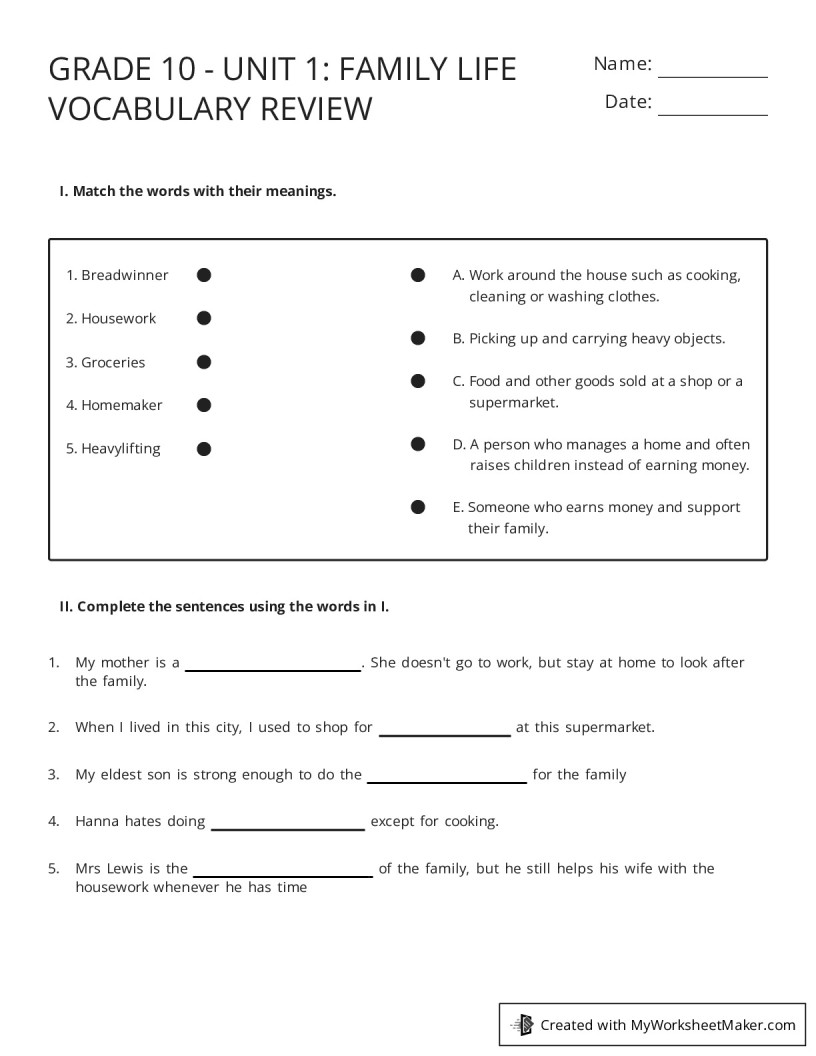 GRADE 10 - UNIT 1: FAMILY LIFE VOCABULARY REVIEW - My Worksheet Maker ...