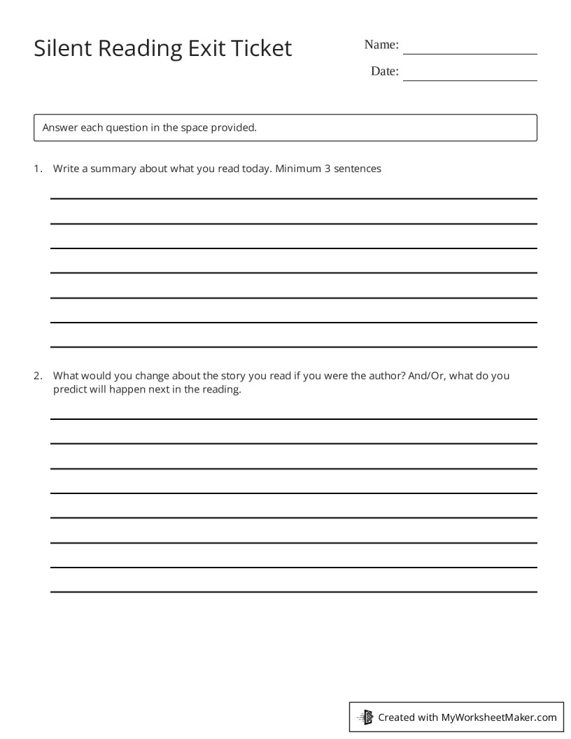 Silent Reading Exit Ticket - My Worksheet Maker: Create Your Own Worksheets