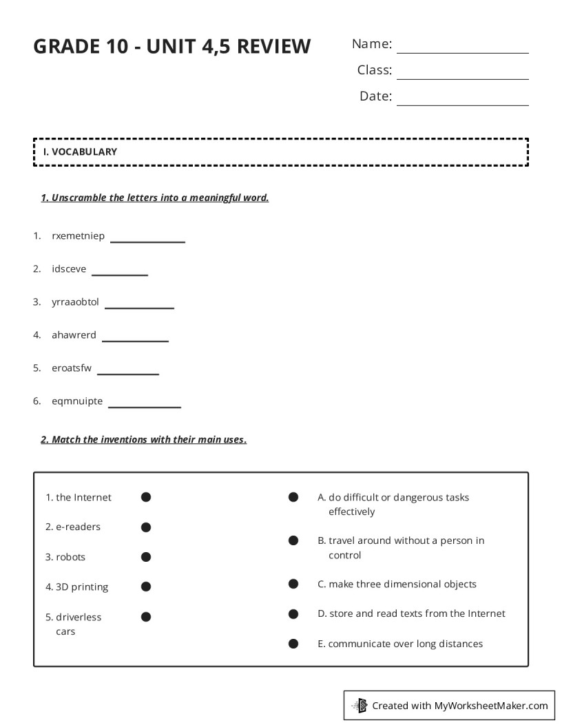 GRADE 10 - UNIT 4,5 REVIEW - My Worksheet Maker: Create Your Own Worksheets