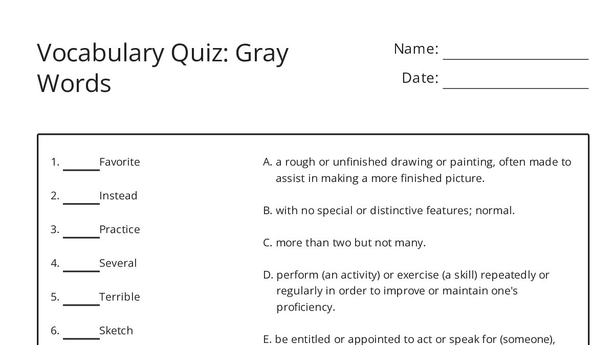 Vocabulary Quiz: Gray Words - My Worksheet Maker: Create Your Own ...
