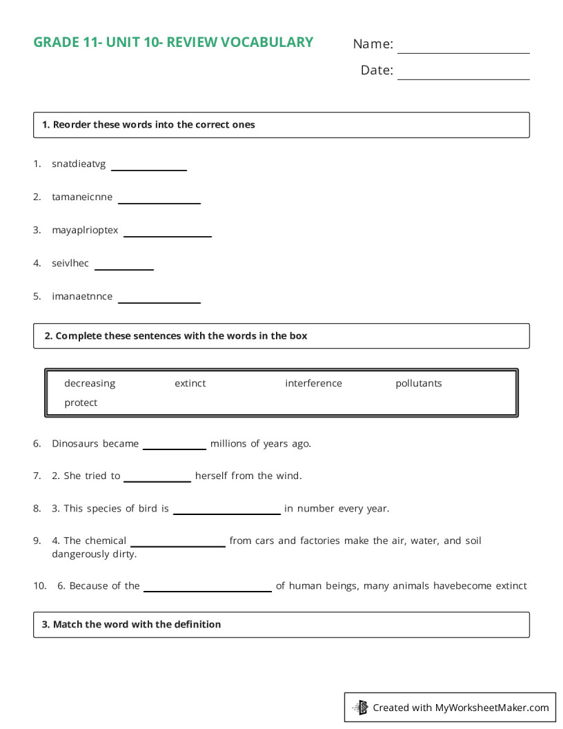 GRADE 11- UNIT 10- REVIEW VOCABULARY - My Worksheet Maker: Create Your ...