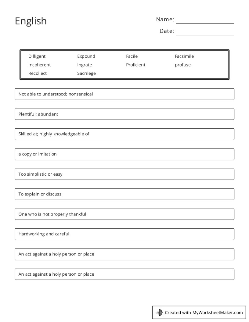English - My Worksheet Maker: Create Your Own Worksheets