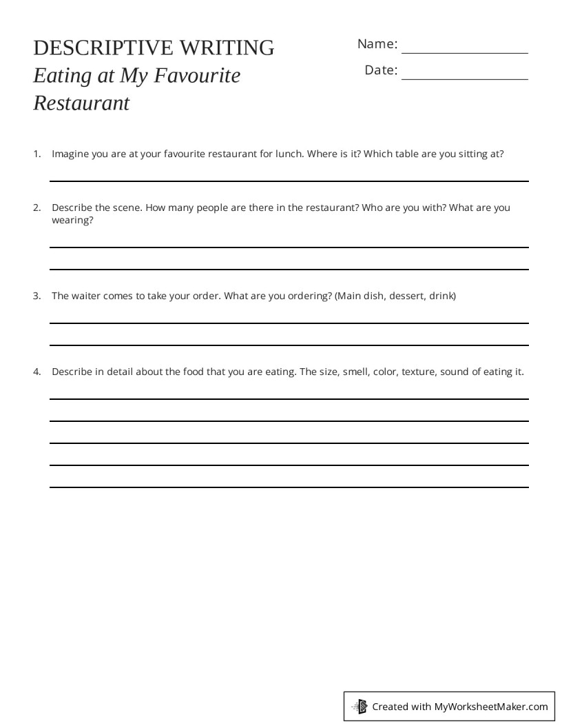 DESCRIPTIVE WRITINGEating at My Favourite Restaurant - My Worksheet ...