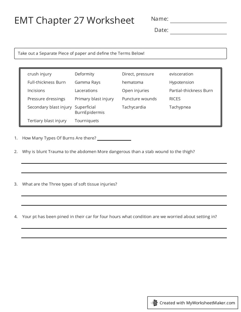 EMT Chapter 27 Worksheet - My Worksheet Maker: Create Your Own Worksheets
