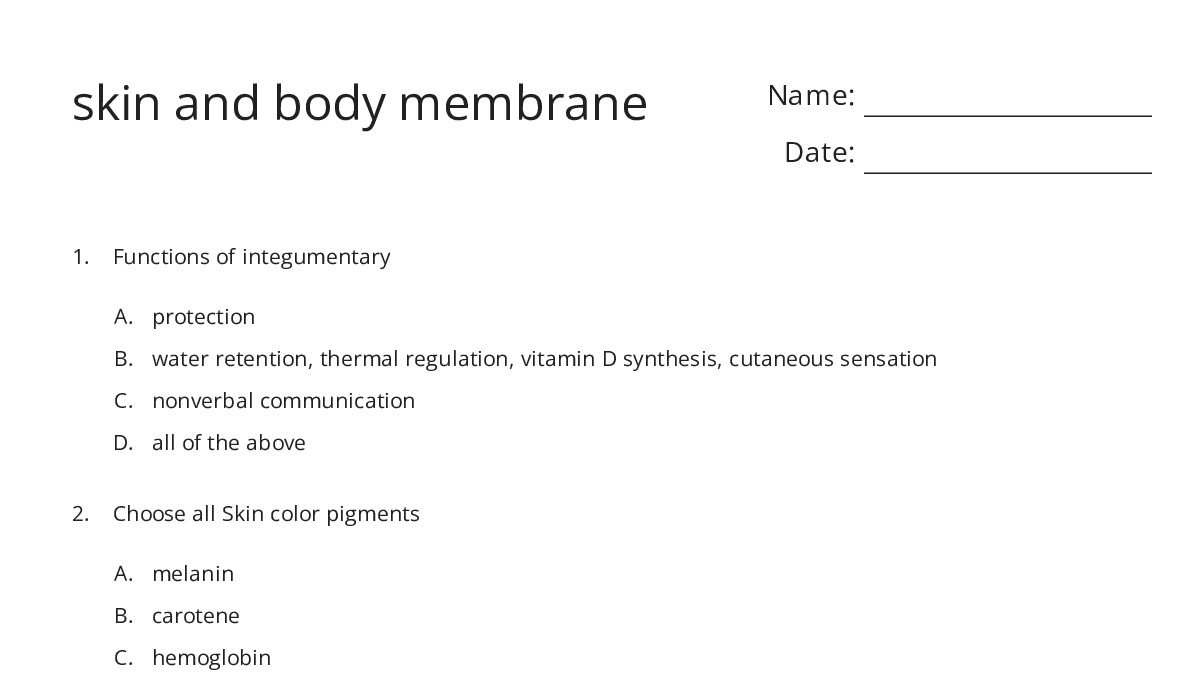 skin and body membrane - My Worksheet Maker: Create Your Own Worksheets