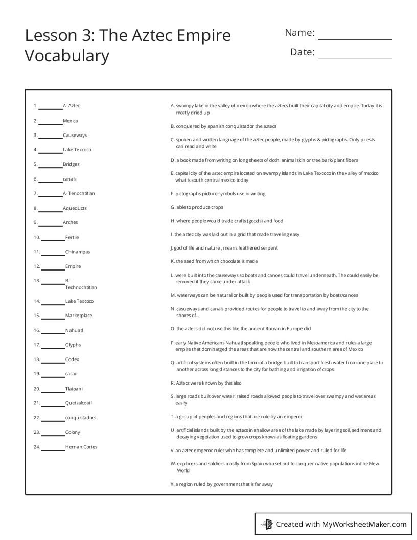 Lesson 3: The Aztec Empire Vocabulary - My Worksheet Maker: Create Your ...