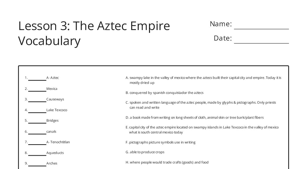 Lesson 3: The Aztec Empire Vocabulary - My Worksheet Maker: Create Your ...