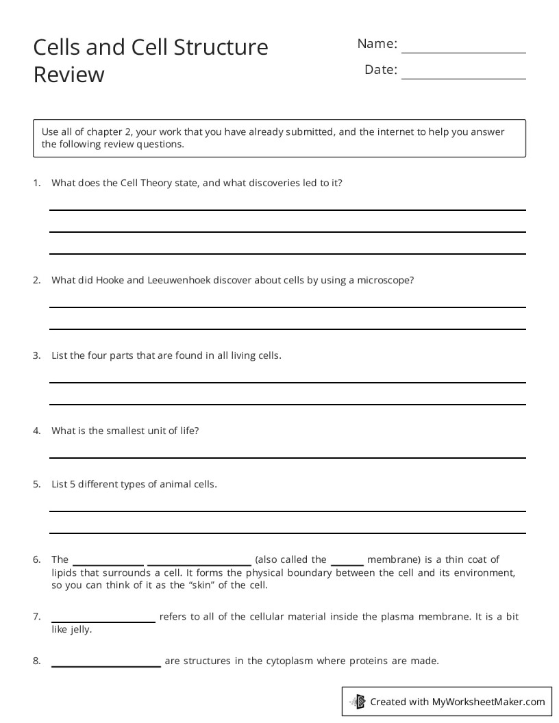 Cells and Cell Structure Review - My Worksheet Maker: Create Your Own ...
