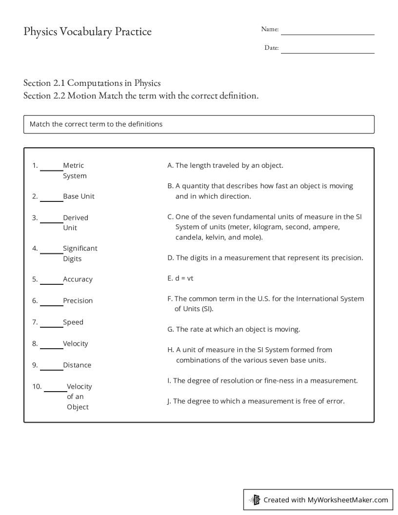 Physics Vocabulary Practice - My Worksheet Maker: Create Your Own ...