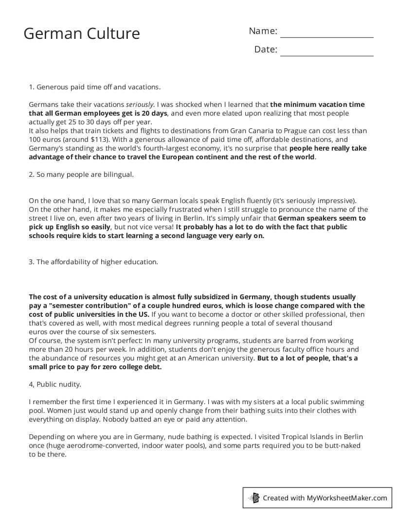 German Culture - My Worksheet Maker: Create Your Own Worksheets