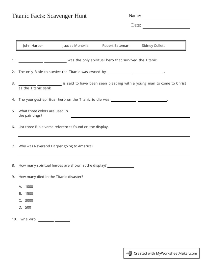 Titanic Facts: Scavenger Hunt - My Worksheet Maker: Create Your Own ...