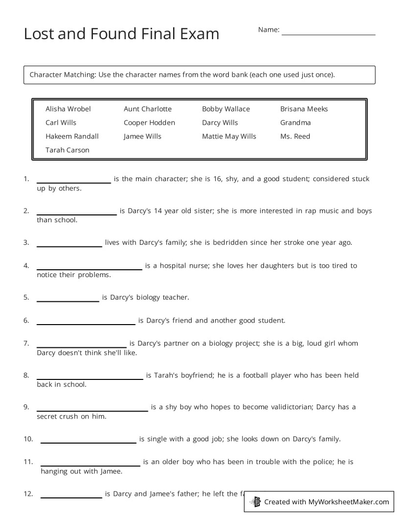 Lost and Found Final Exam - My Worksheet Maker: Create Your Own Worksheets