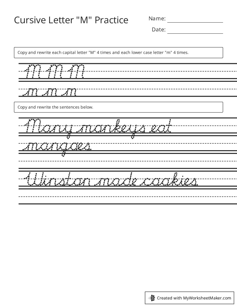 Cursive Letter "M" Practice - My Worksheet Maker: Create Your Own ...