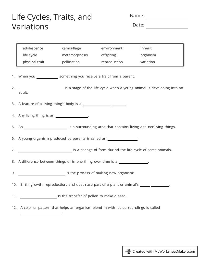Life Cycles, Traits, and Variations - My Worksheet Maker: Create Your ...