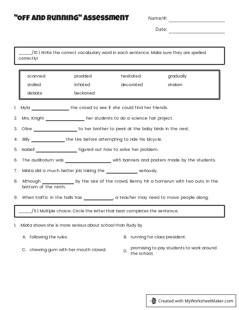 "Off and Running" Assessment - My Worksheet Maker: Create Your Own ...