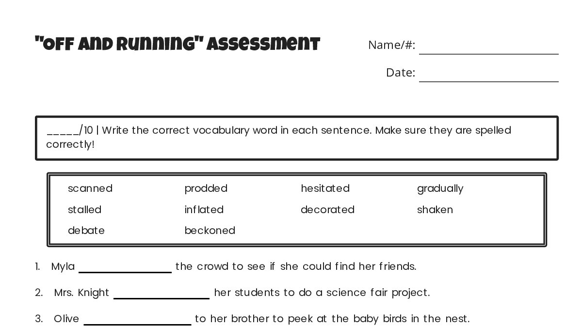 "Off and Running" Assessment - My Worksheet Maker: Create Your Own ...