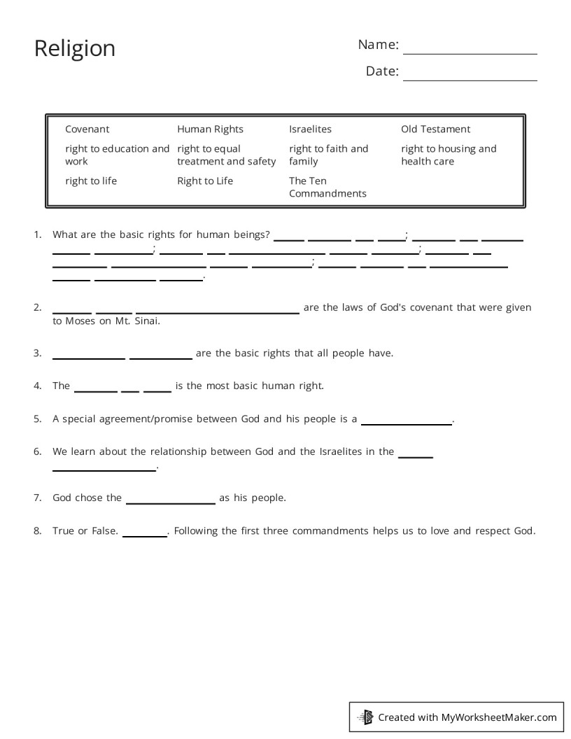 Religion - My Worksheet Maker: Create Your Own Worksheets