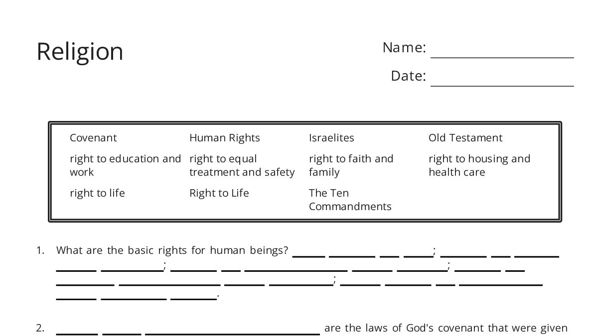 Religion - My Worksheet Maker: Create Your Own Worksheets