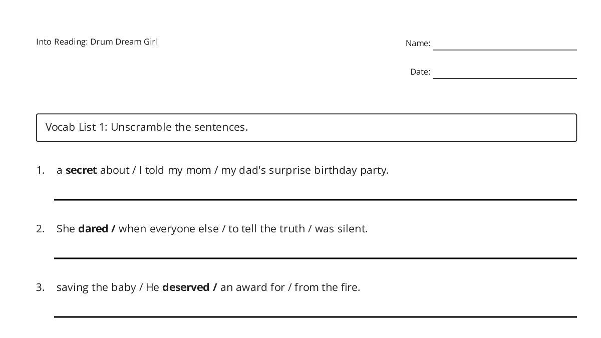 Into Reading: Drum Dream Girl - My Worksheet Maker: Create Your Own ...