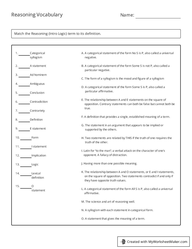 Reasoning Vocabulary - My Worksheet Maker: Create Your Own Worksheets