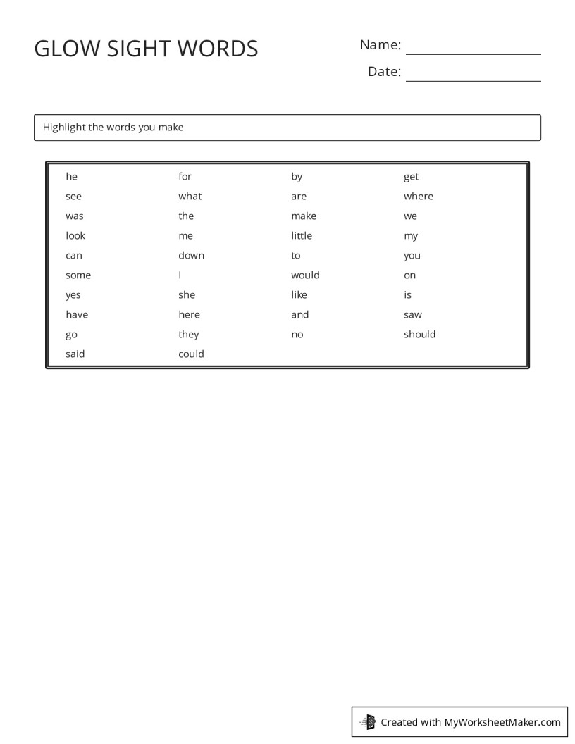 GLOW SIGHT WORDS - My Worksheet Maker: Create Your Own Worksheets
