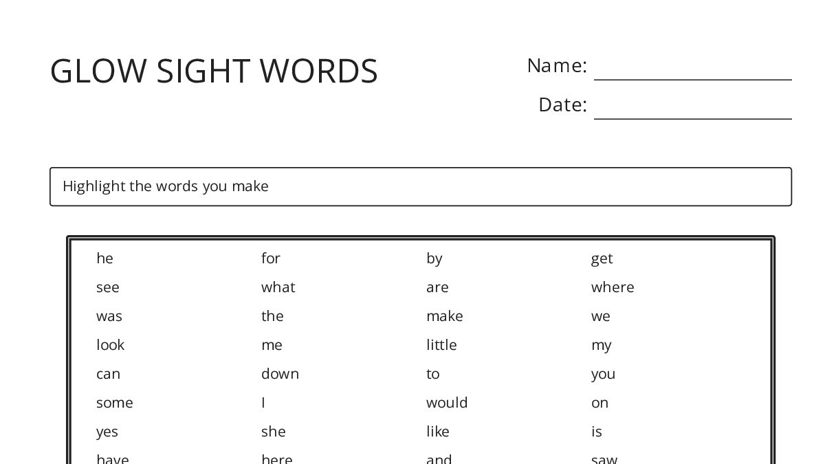 GLOW SIGHT WORDS - My Worksheet Maker: Create Your Own Worksheets