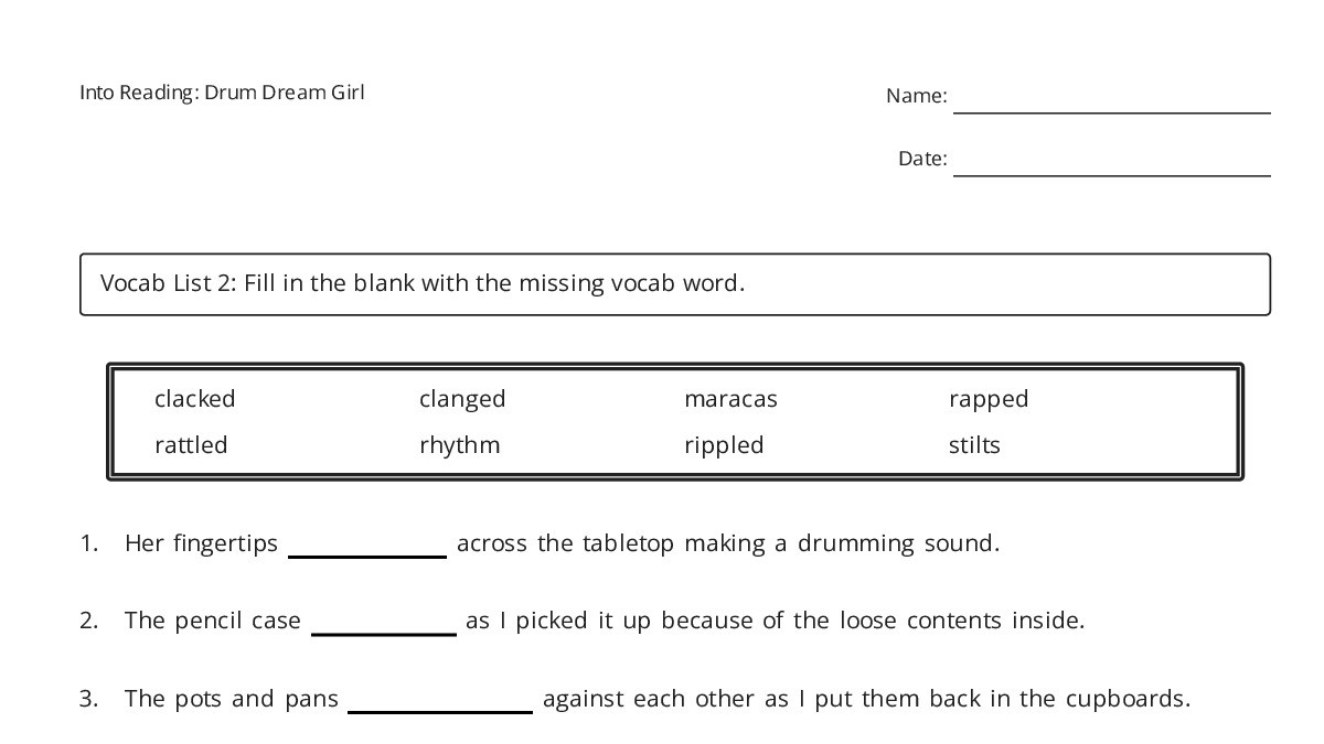 Into Reading: Drum Dream Girl - My Worksheet Maker: Create Your Own ...