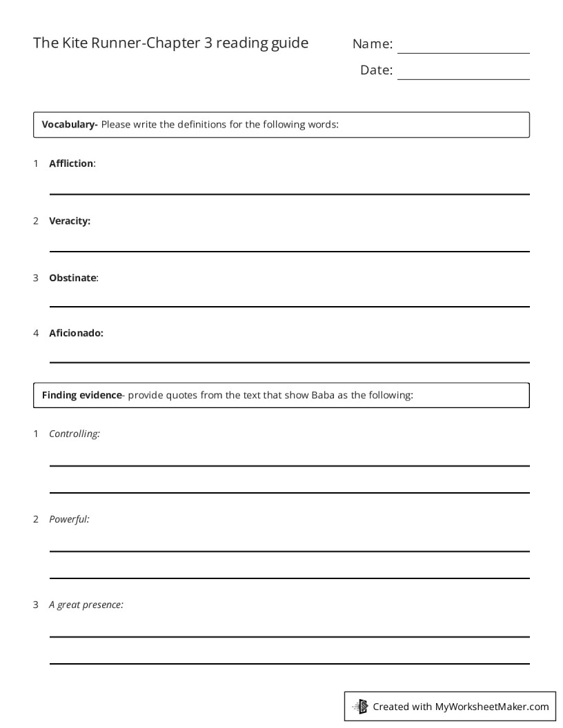 The Kite Runner-Chapter 3 reading guide - My Worksheet Maker: Create ...