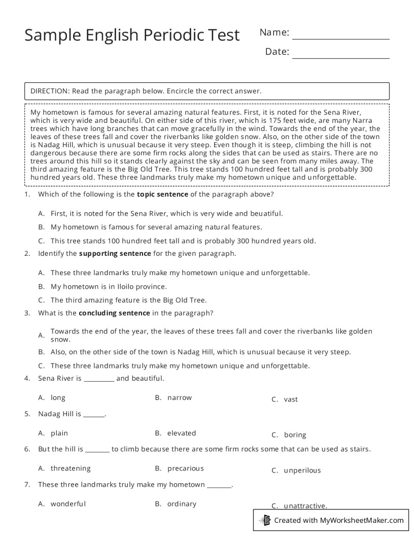 Sample English Periodic Test - My Worksheet Maker: Create Your Own ...
