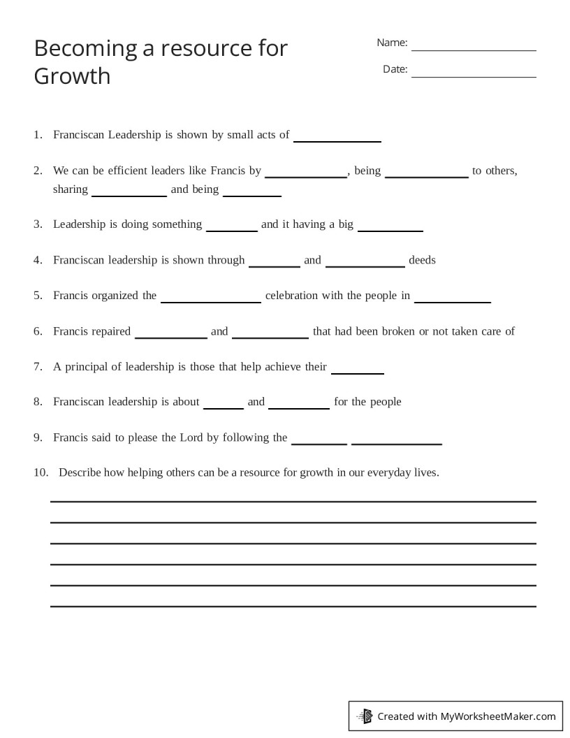 Becoming a resource for Growth - My Worksheet Maker: Create Your Own ...