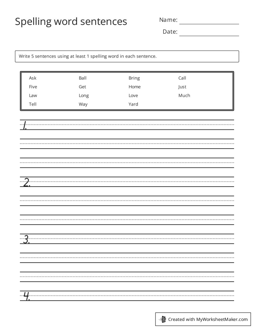 Spelling word sentences - My Worksheet Maker: Create Your Own Worksheets