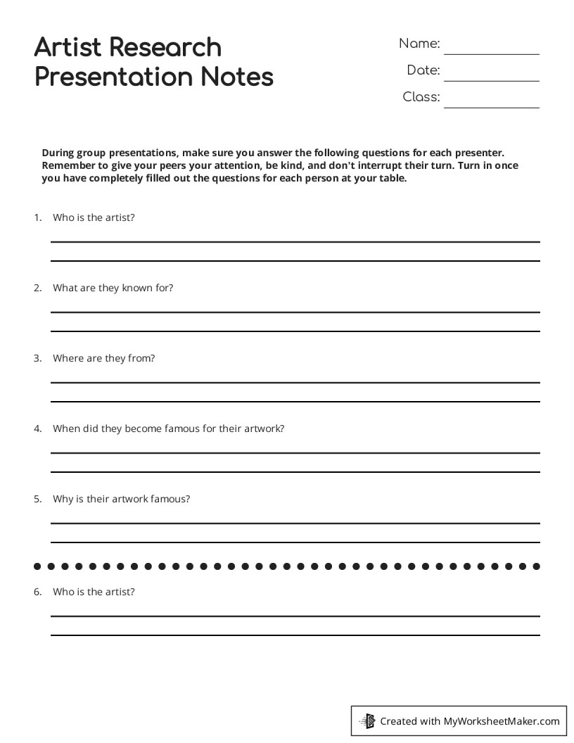 Artist Research Presentation Notes - My Worksheet Maker: Create Your ...