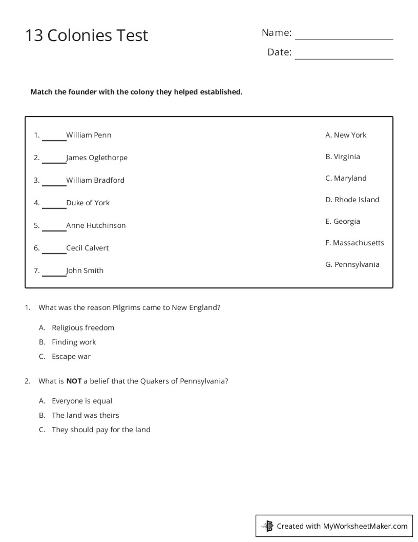 13 Colonies Test - My Worksheet Maker: Create Your Own Worksheets