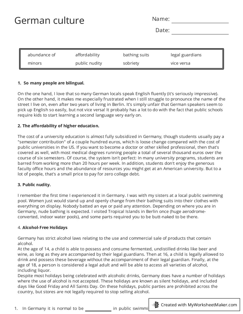German culture - My Worksheet Maker: Create Your Own Worksheets