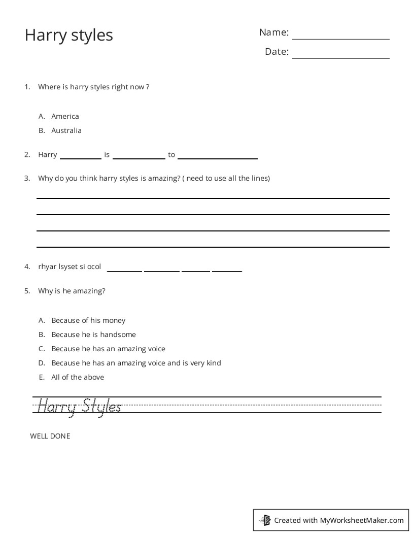 Harry styles - My Worksheet Maker: Create Your Own Worksheets