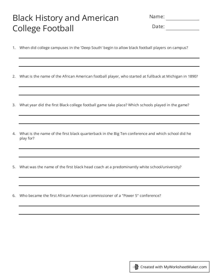 Black History and American College Football - My Worksheet Maker ...