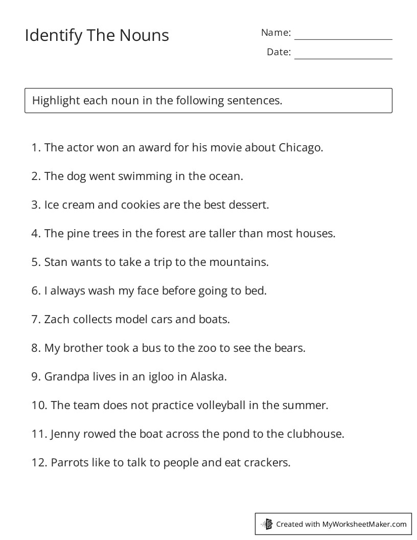 Identify The Nouns - My Worksheet Maker: Create Your Own Worksheets