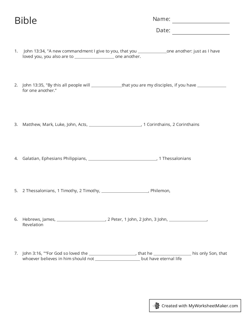 Bible - My Worksheet Maker: Create Your Own Worksheets