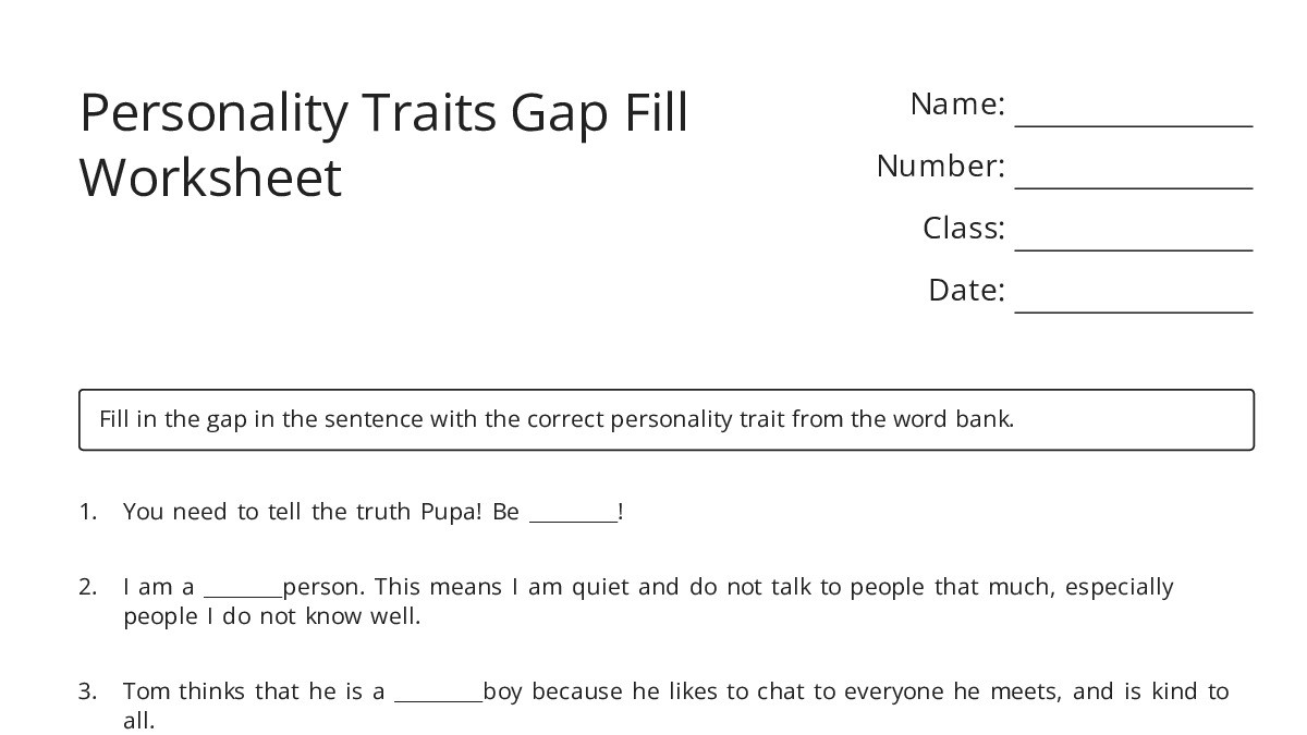 Personality Traits Gap Fill Worksheet - My Worksheet Maker: Create Your ...