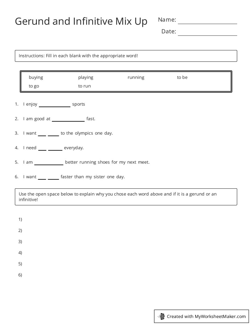 Gerund and Infinitive Mix Up - My Worksheet Maker: Create Your Own ...