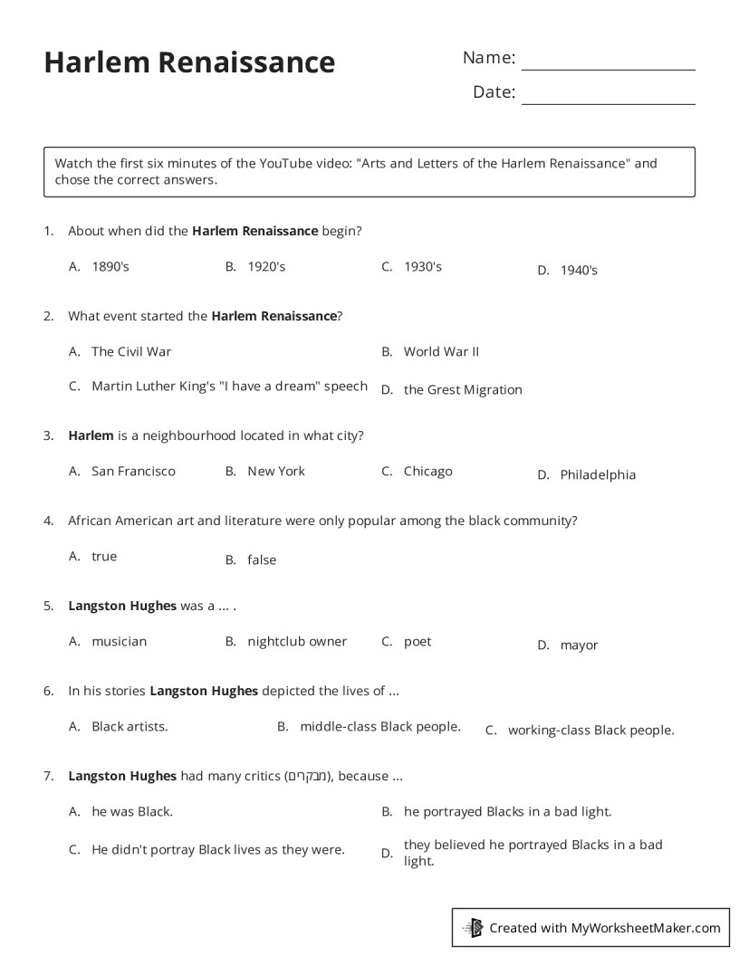 Harlem Renaissance - My Worksheet Maker: Create Your Own Worksheets